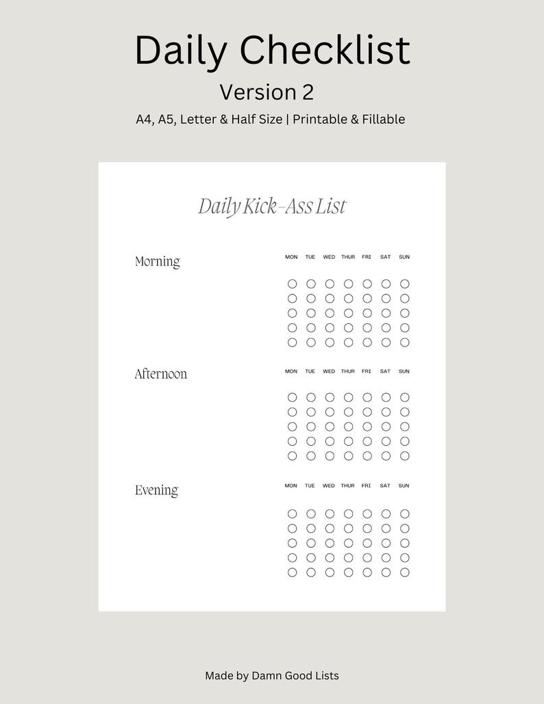 PRINTABLE & FILLABLE Daily Checklist, A4/a5/letter/half Size, Instant ...