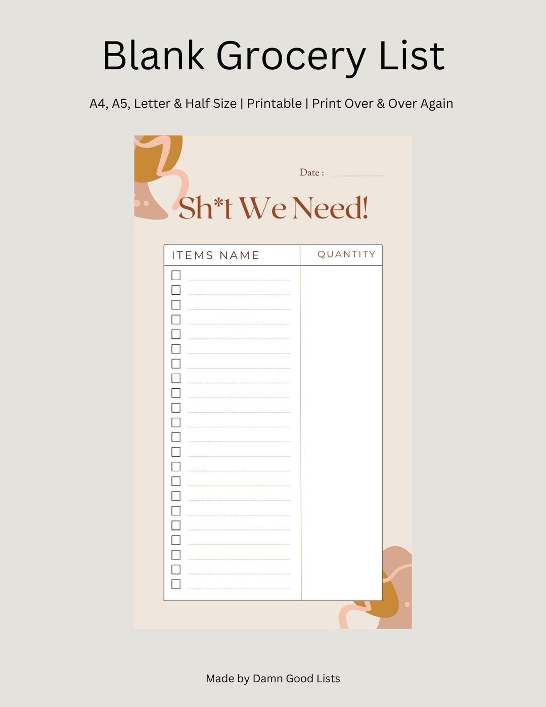 PRINTABLE Grocery List, Blank Grocery List, Grocery List, Fun Grocery ...