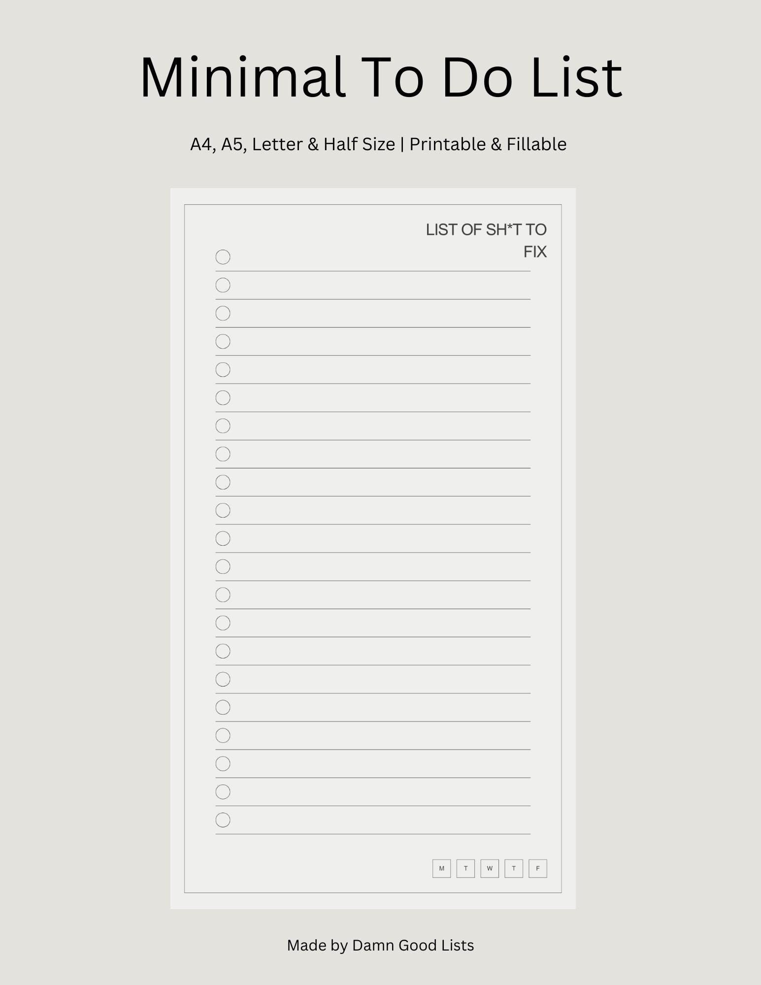 PRINTABLE Minimal to Do List, Simple Tasks List Template, A4/a5/letter ...