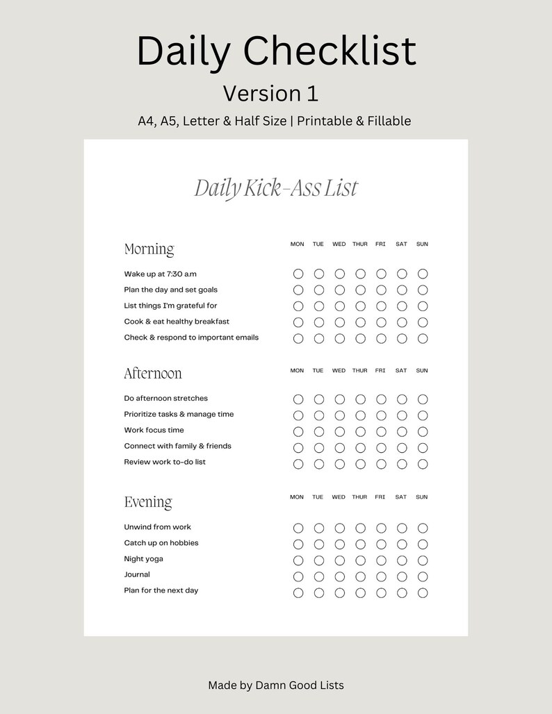 PRINTABLE & FILLABLE Daily Checklist, A4/a5/letter/half Size, Instant ...