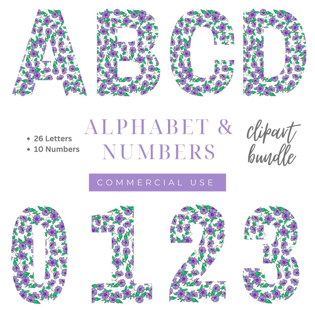 Exclusive Alphabet and Numbers Clipart Pack Elegant Chic Purple Floral ...