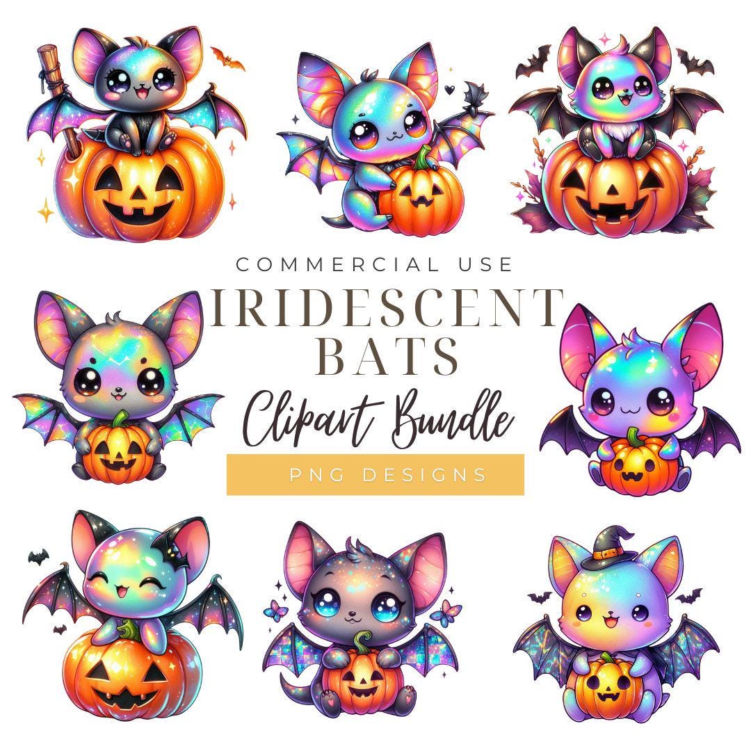 Iridescent Halloween Bats Clipart Bundle: Holographic PNG Graphics ...