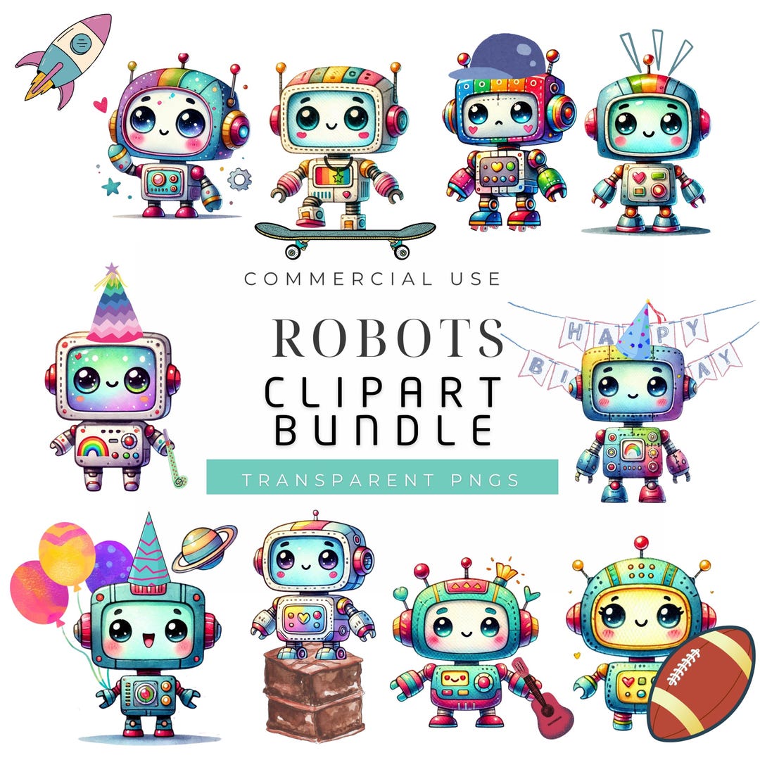 Kawaii Robot Clipart Bundle: 24 PNG High-resolution Images (digital ...