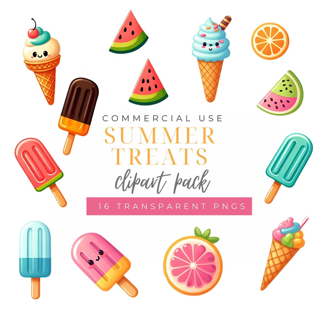 Summer Treats Clipart: Ice Cream, Fruit Popsicles (16 PNG Files ...