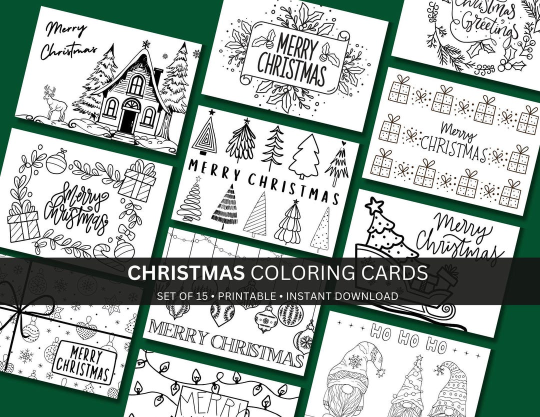 Christmas Greeting Cards- Printable Coloring DIY, Set of 15, Fun ...