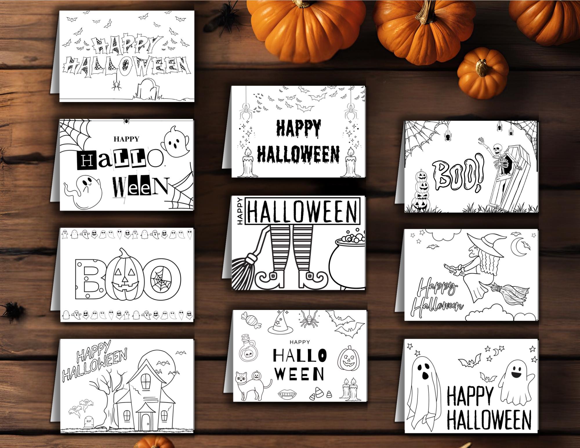Halloween Cards Printable Coloring Page, Set of 10, Fun Greeting Cards ...