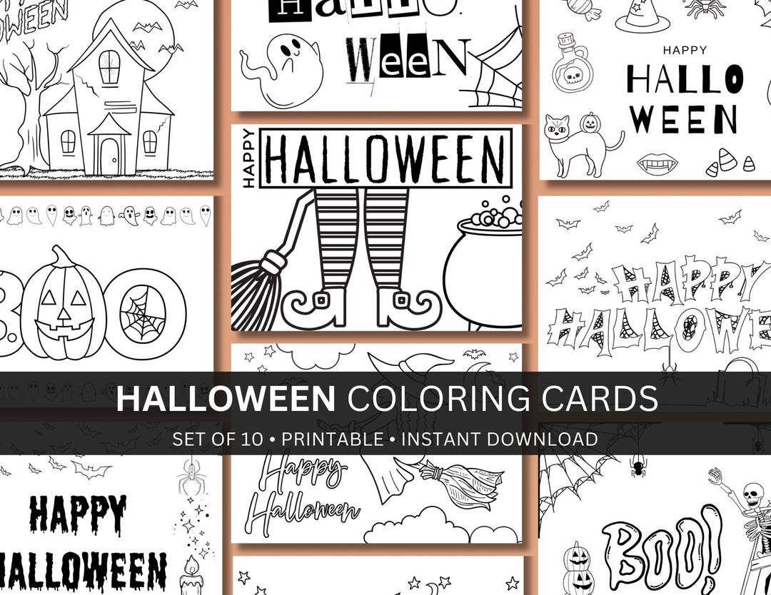 Halloween Cards- Printable Coloring Page, Set of 10, Fun Greeting Cards ...