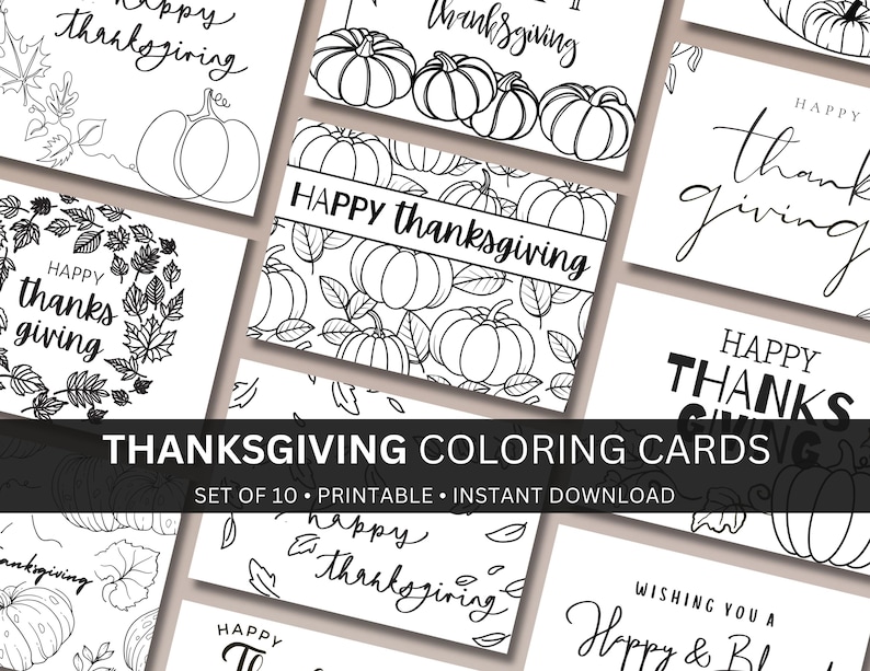 Festive Thanksgiving Cards- Printable Coloring Cards, Set of 10, Fun ...