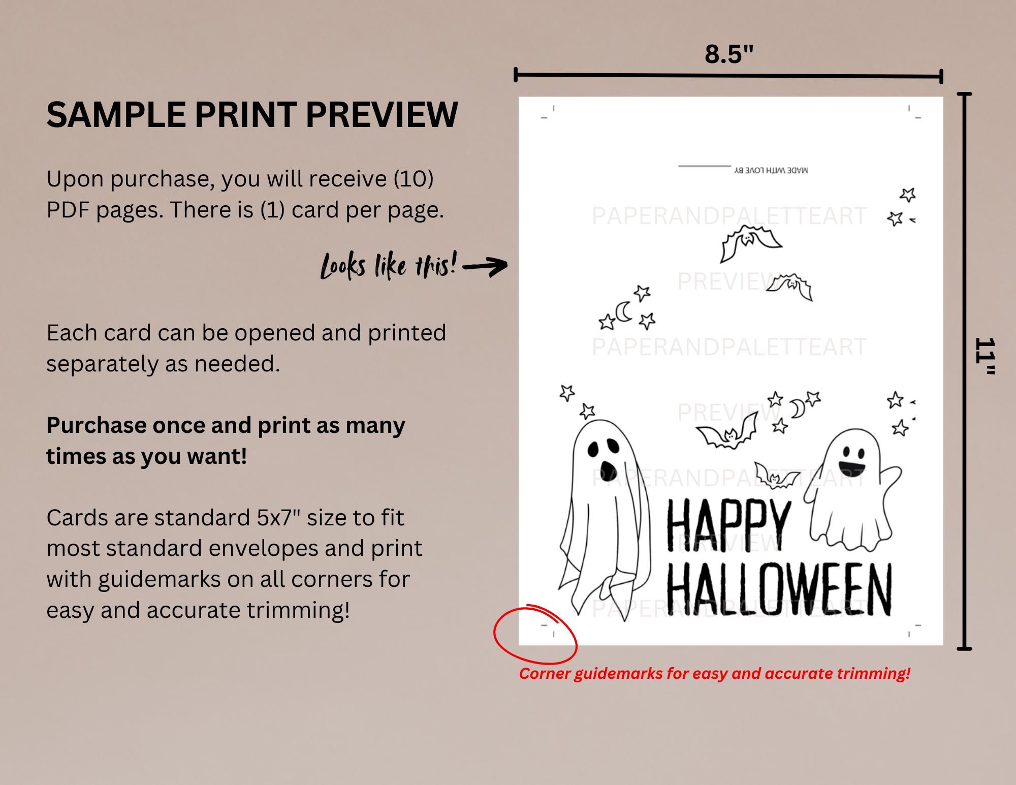 Halloween Cards Printable Coloring Page, Set of 10, Fun Greeting Cards ...