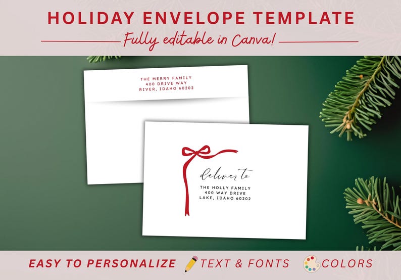 Editable Christmas Envelope Template - Elegant Red Bow for Holiday Card ...