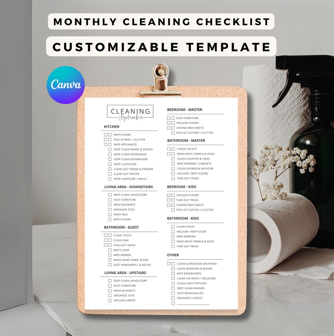 Customizable Cleaning Checklist- CANVA TEMPLATE for Simple Monthly ...