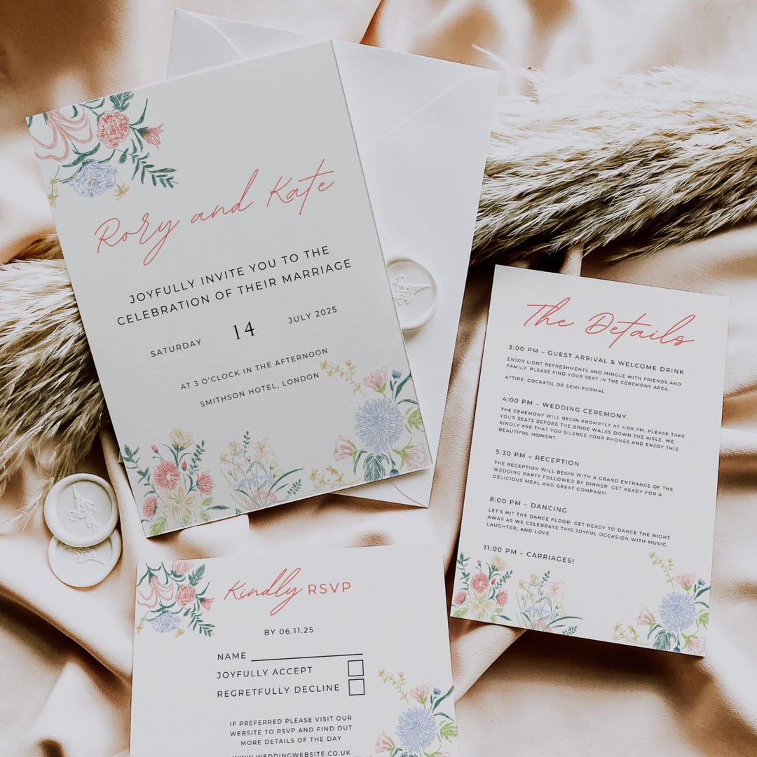 Wildflower Wedding Invitation Suite, Hand-drawn Floral Design, Editable ...