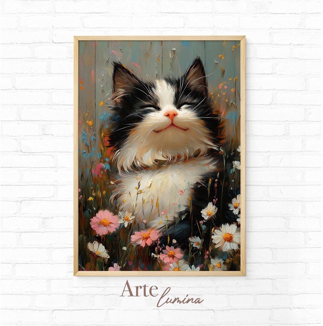 Pet Portrait, Tuxedo Cat Wall Art, Black & White Cat in Wildflowers ...