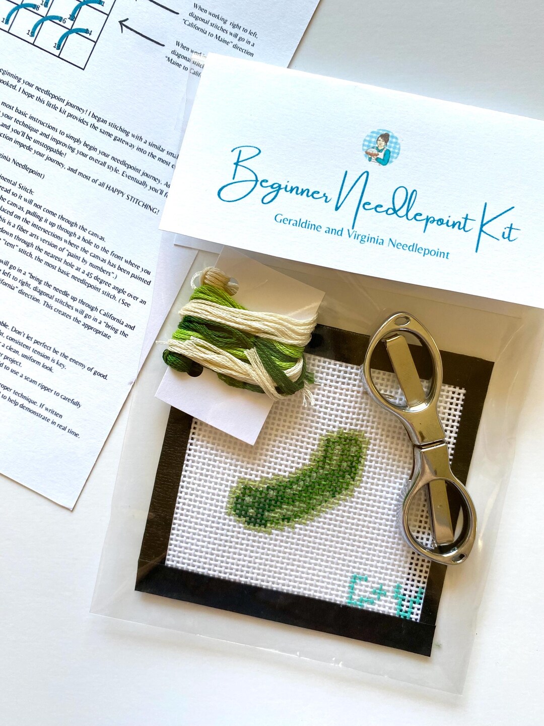 STARTER NEEDLEPOINT KIT Mini Pickle | Hand Painted Canvas, Threads ...