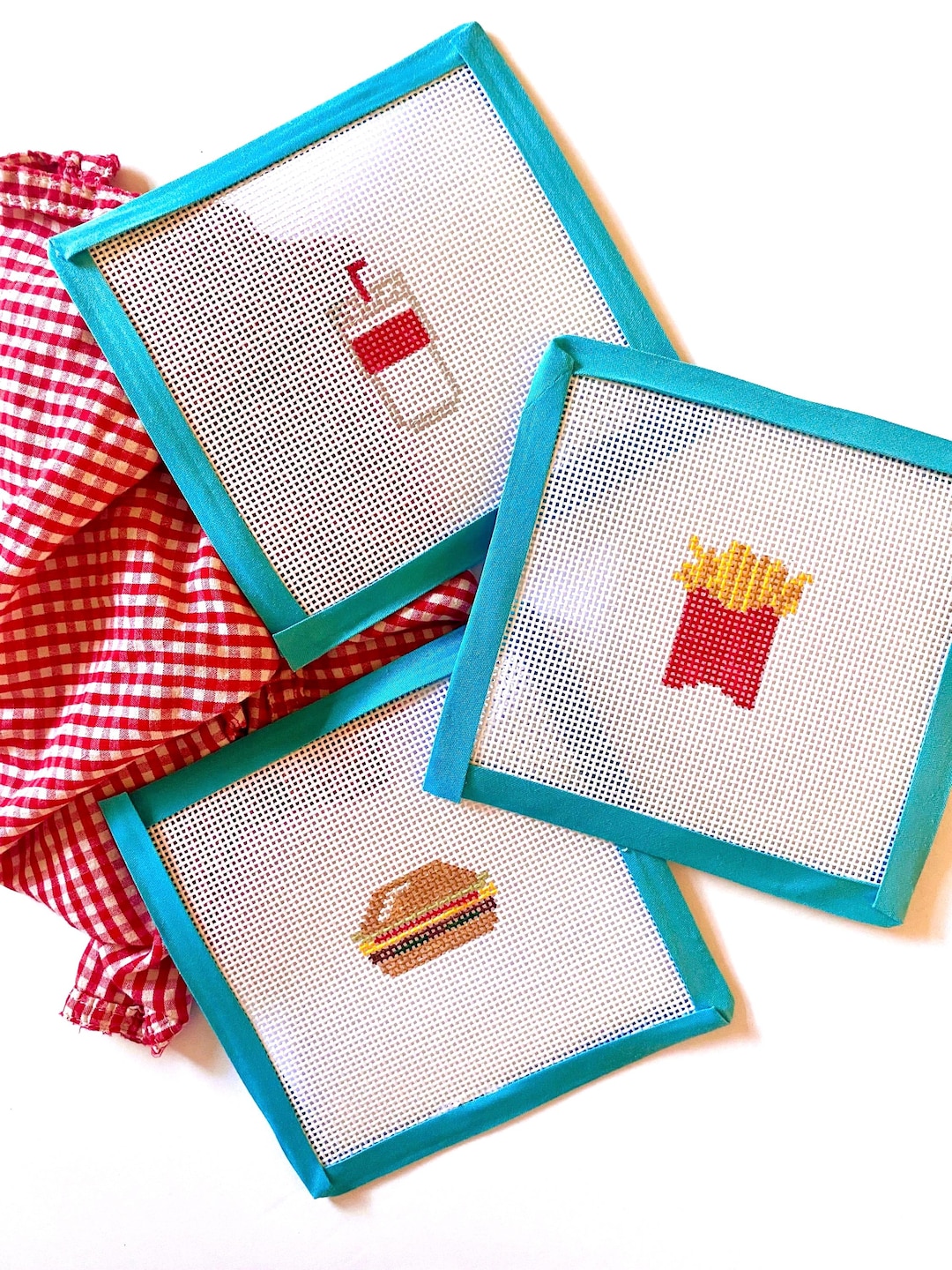 FAST FOOD TRIO Hand-painted Mini Needlepoint Canvases | Soda, Cheese ...