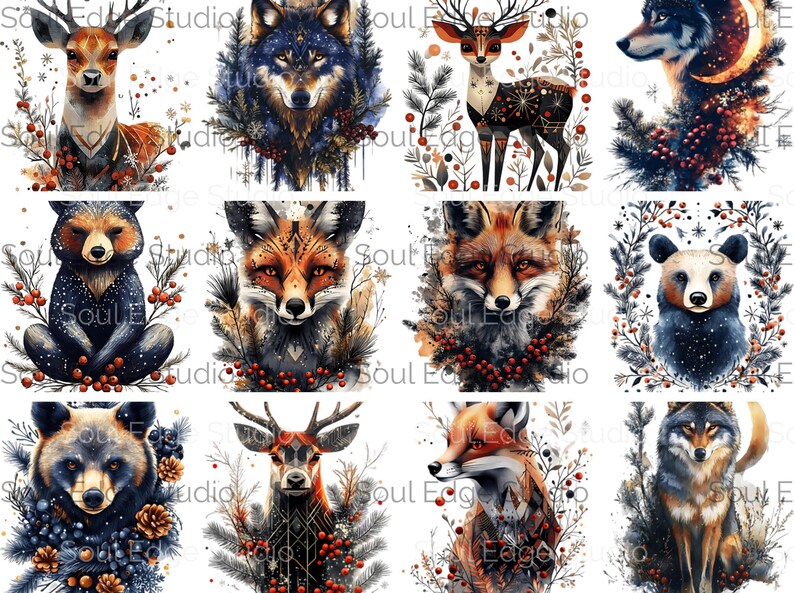 Winter Woodland Animal Digital Clipart Collection Featuring: Bear, Fox ...
