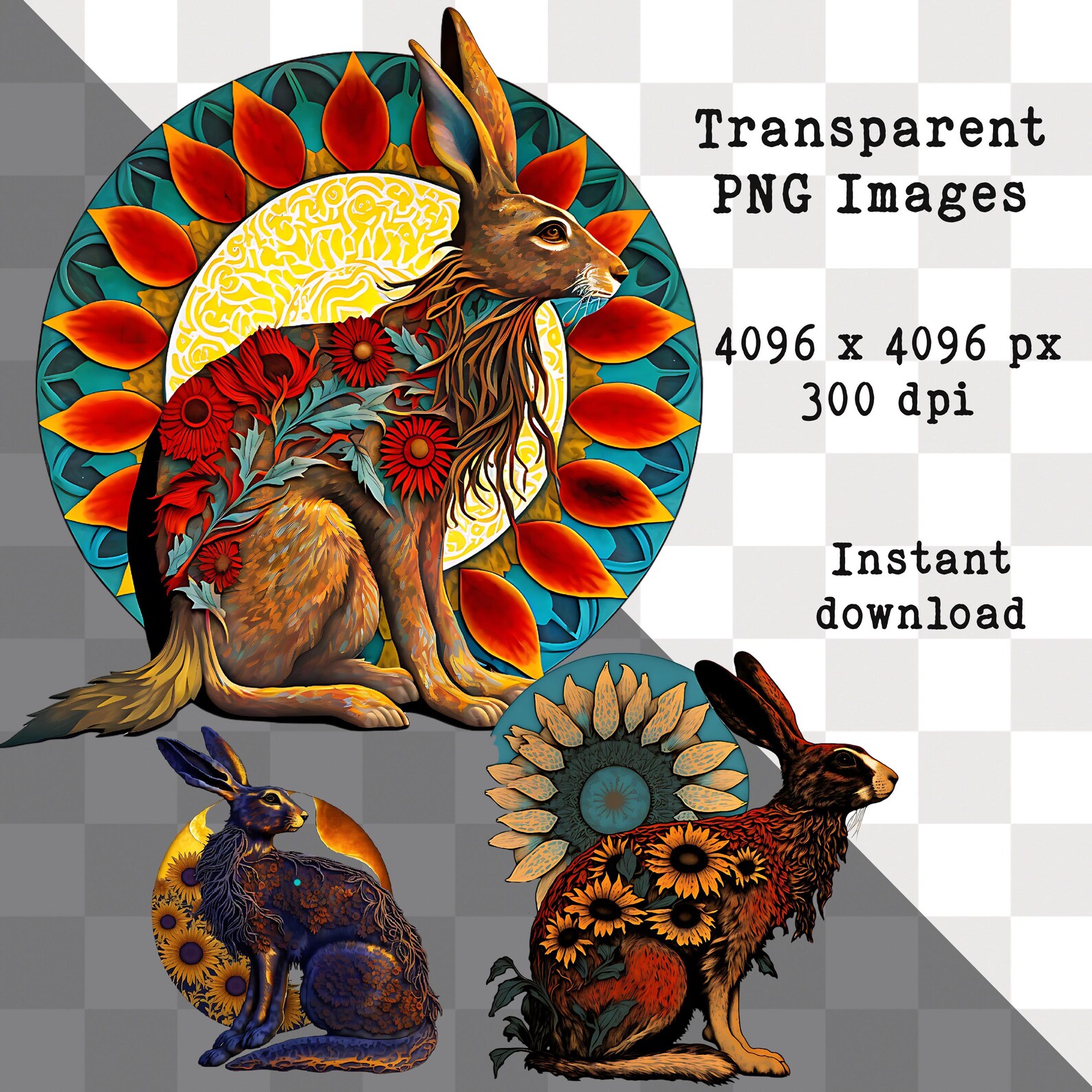 Whimsical Jackrabbit Digital Clipart - 20 PNG Images of Rabbits ...