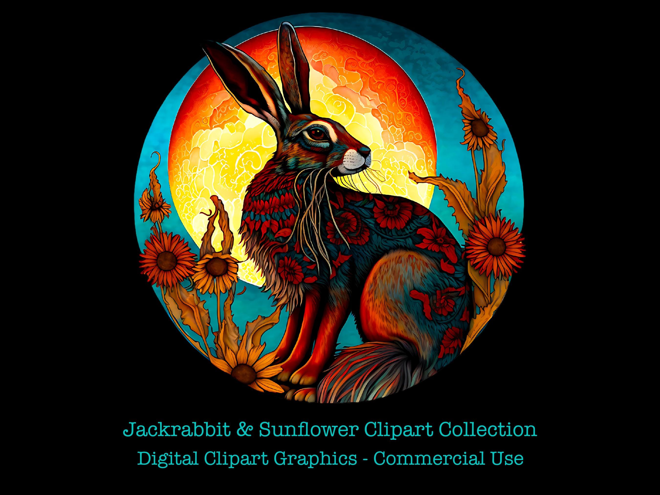 Whimsical Jackrabbit Digital Clipart - 20 PNG Images of Rabbits, Sunflowers, Florals, and ...
