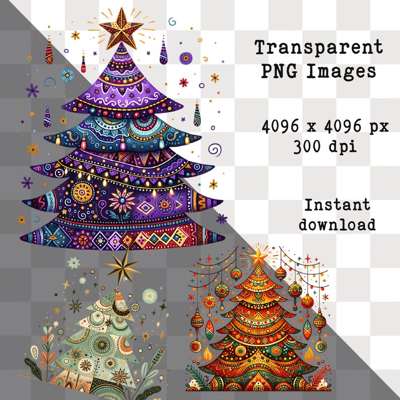 Boho Folk Art Christmas Tree Clipart Collection - 12 Digital PNG Images ...