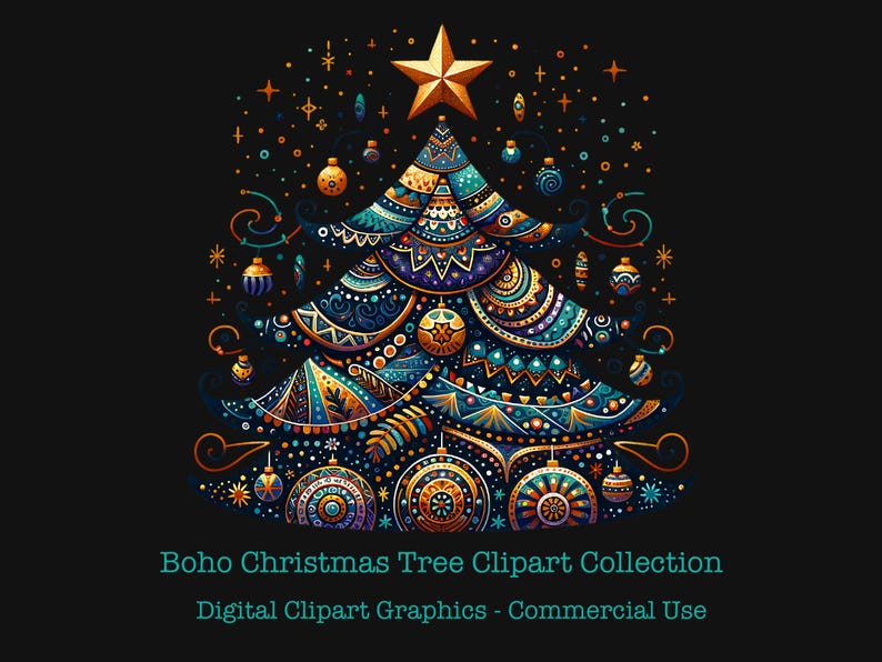 Boho Folk Art Christmas Tree Clipart Collection - 12 Digital PNG Images ...