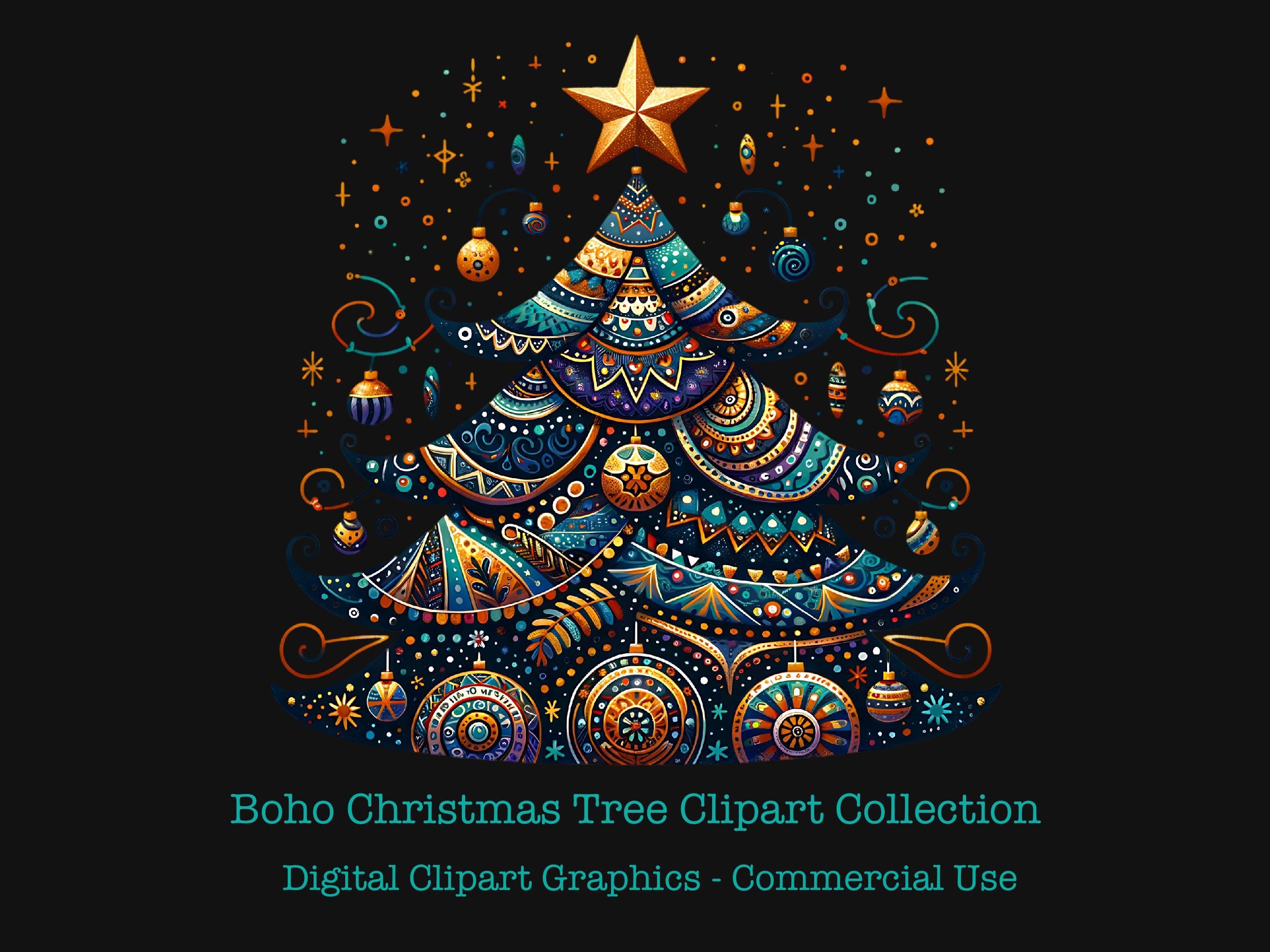 Boho Folk Art Christmas Tree Clipart Collection - 12 Digital PNG Images ...