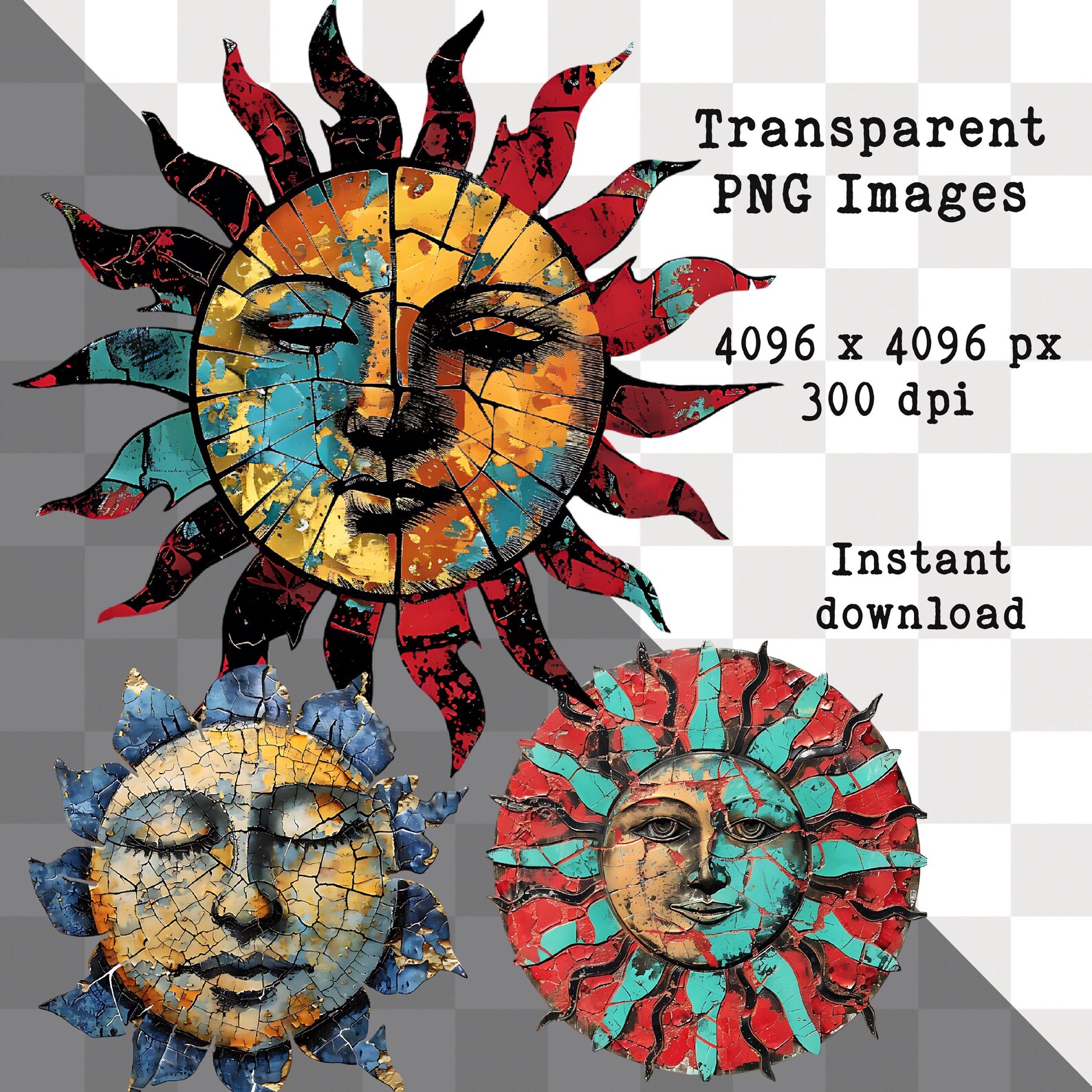 Primitive Ancient Sun Clipart Distressed Sun Designs in 20 Digital PNG ...