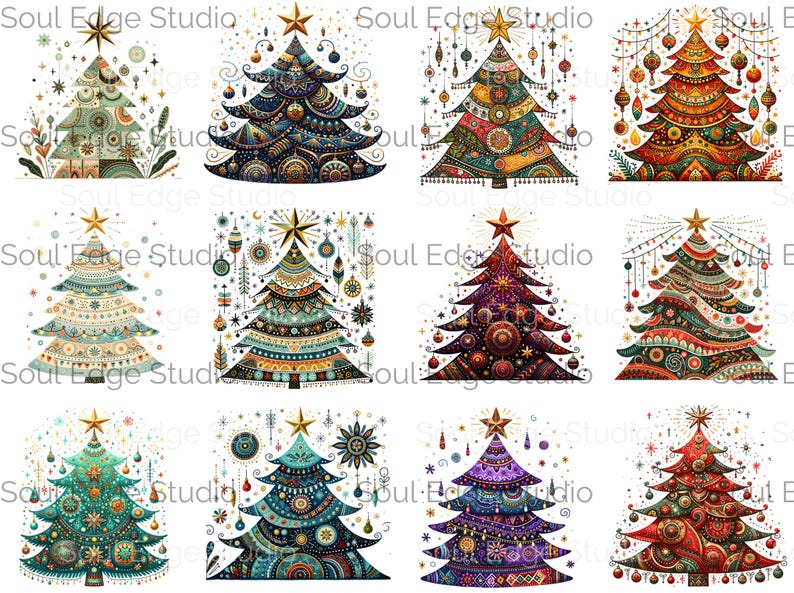 Boho Folk Art Christmas Tree Clipart Collection - 12 Digital PNG Images ...
