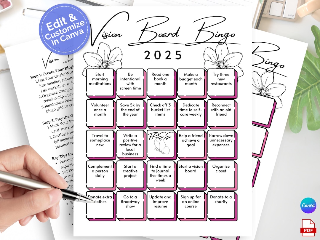 Editable Vision Board Bingo, Printable Manifest Bingo Card, New Year ...