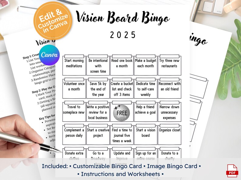 Editable Vision Board Bingo, Printable Manifest Bingo Card, New Year ...