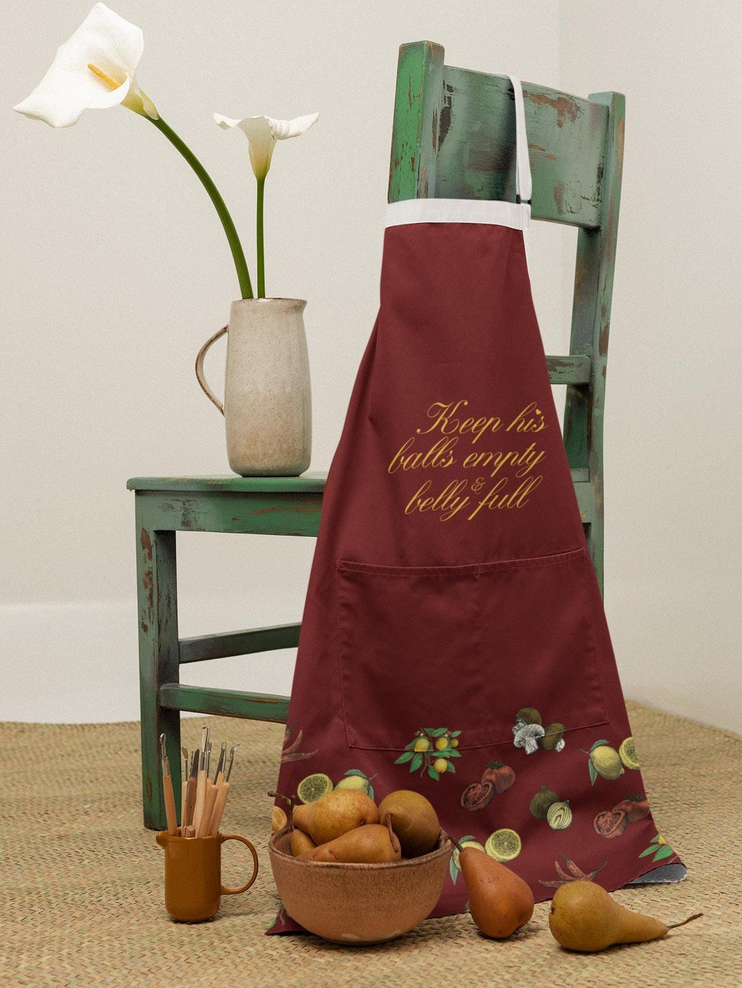 Funny Kitchen Apron - Keep His Balls Empty & Belly Full - Unique Gift ...