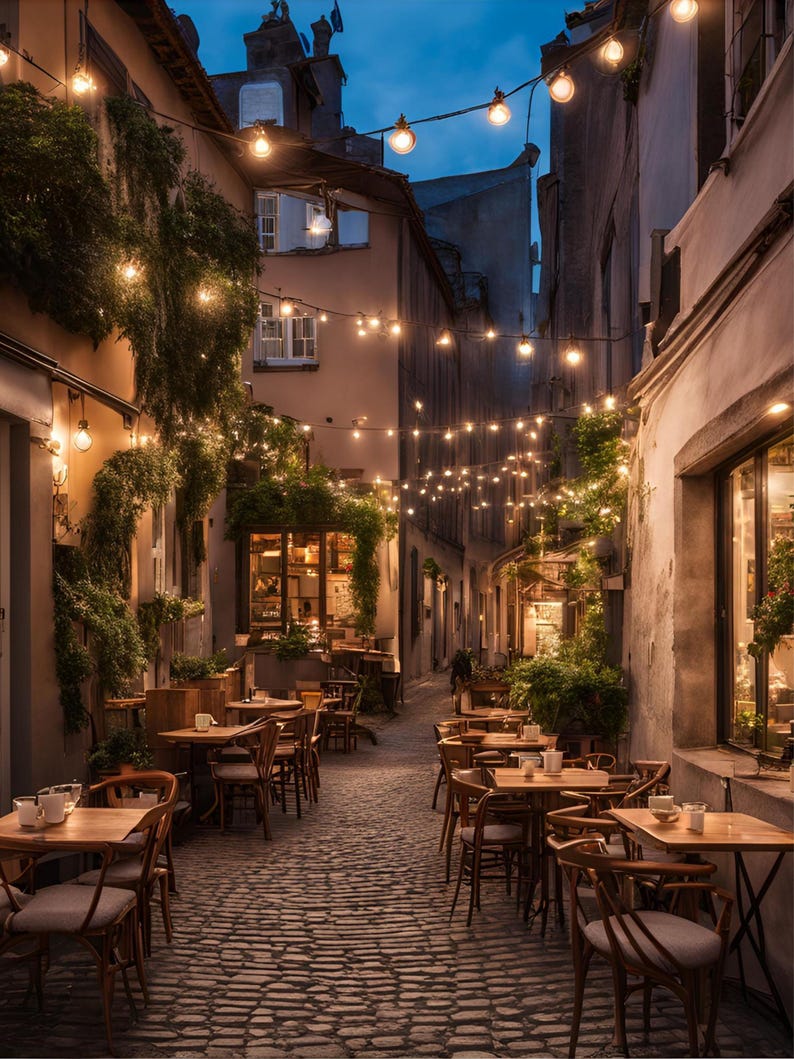 Cozy Hidden Alley Café, Urban Night Scene, Glowing Warm Lights, Cobblestone Street, Mysterious ...