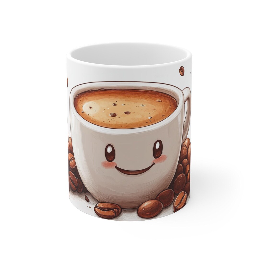 Cute Coffee Cup Mug, Playful Kawaii Face Design, 11oz Ceramic Tea Cup ...