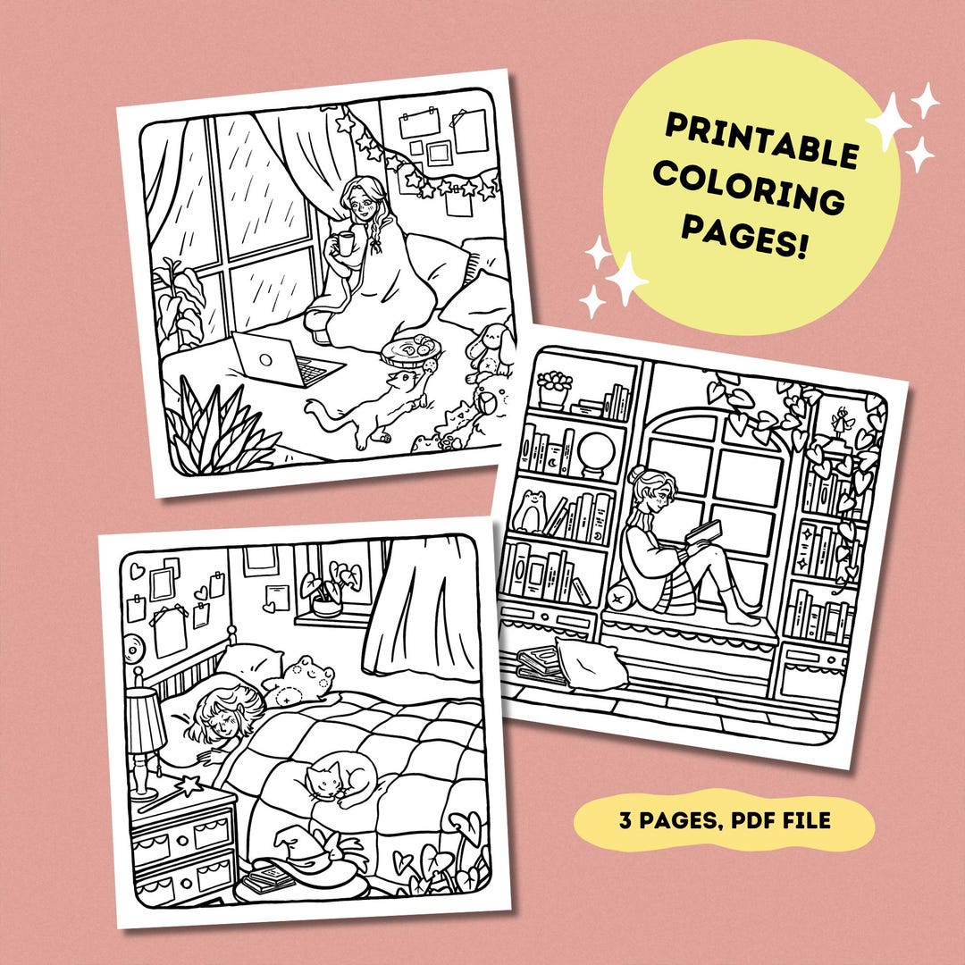 Cozy at Home Coloring Pages Set Instant Download PDF 3 Pages From Cozy ...