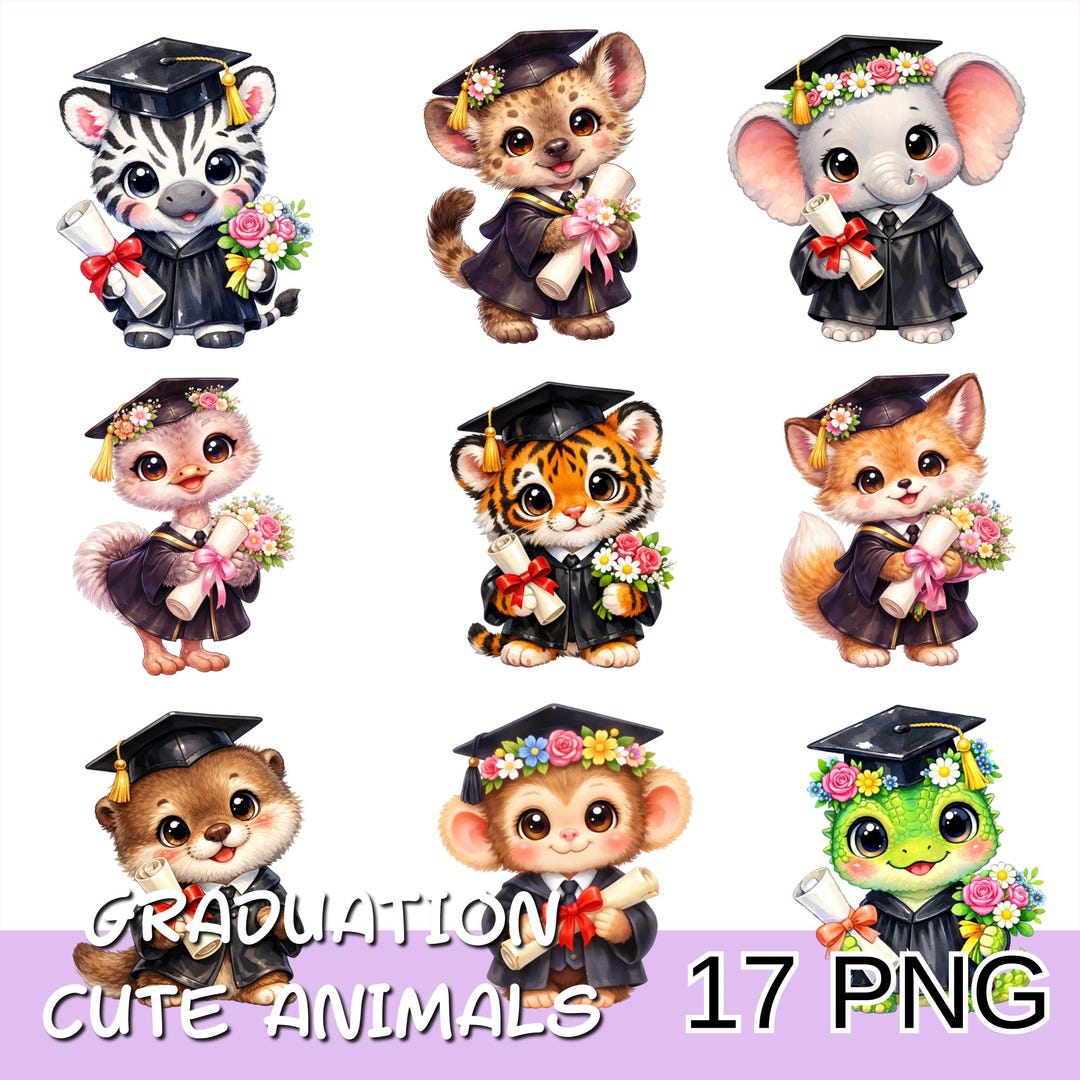 Graduation Cute Animals PNG Bundle, Kawaii Animal Graduation Clipart ...