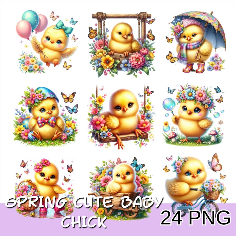 Spring Baby Chick PNG Clipart Bundle, Cute Easter Chick Illustration ...