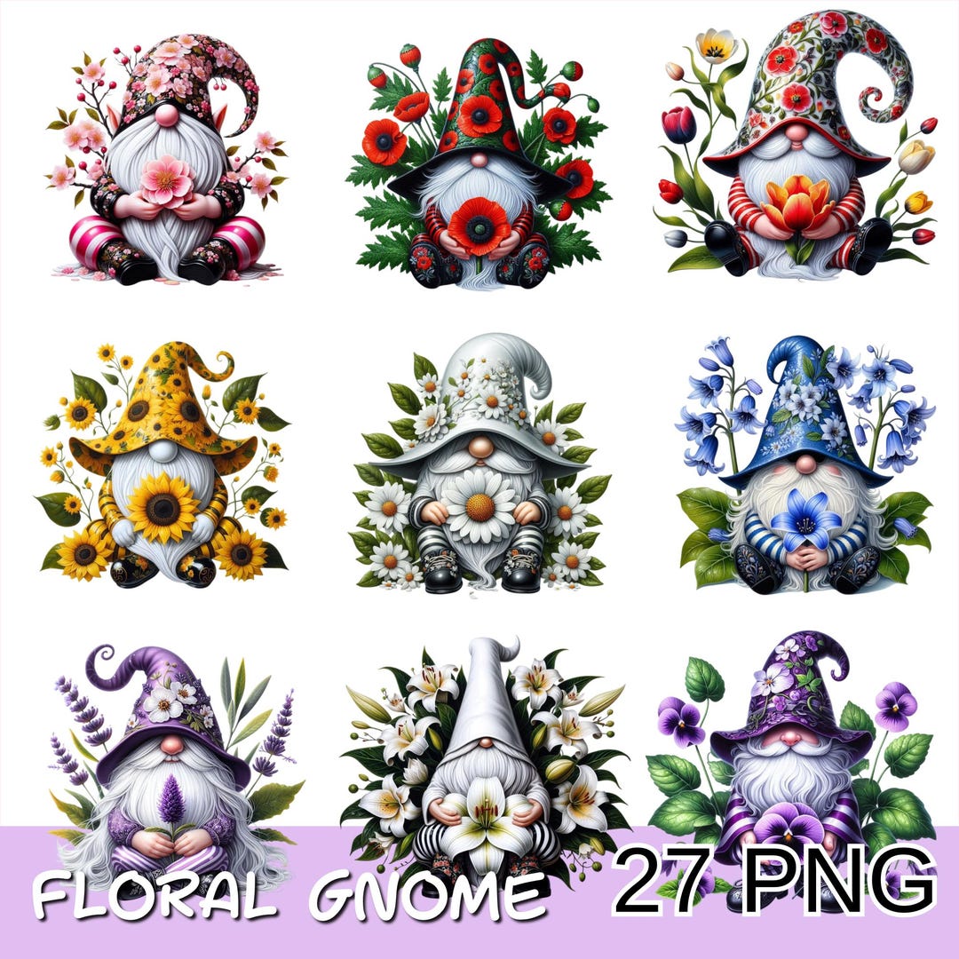 Joli nain floral Clipart PNG, lot de nain de jardin de printemps, nain ...