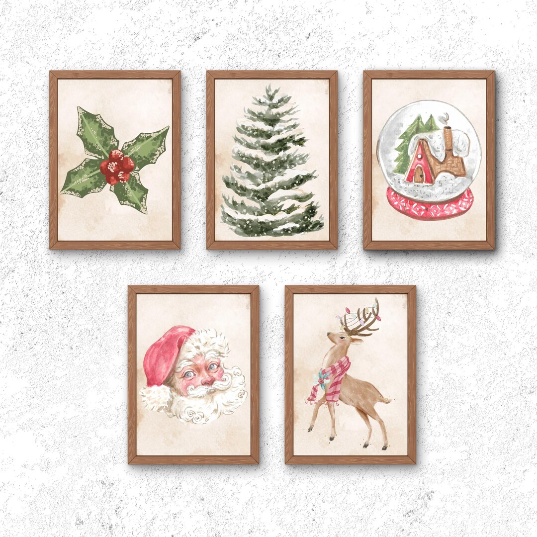 Printable Christmas Wall Art Set of 5 | Vintage Holiday Prints | Retro ...