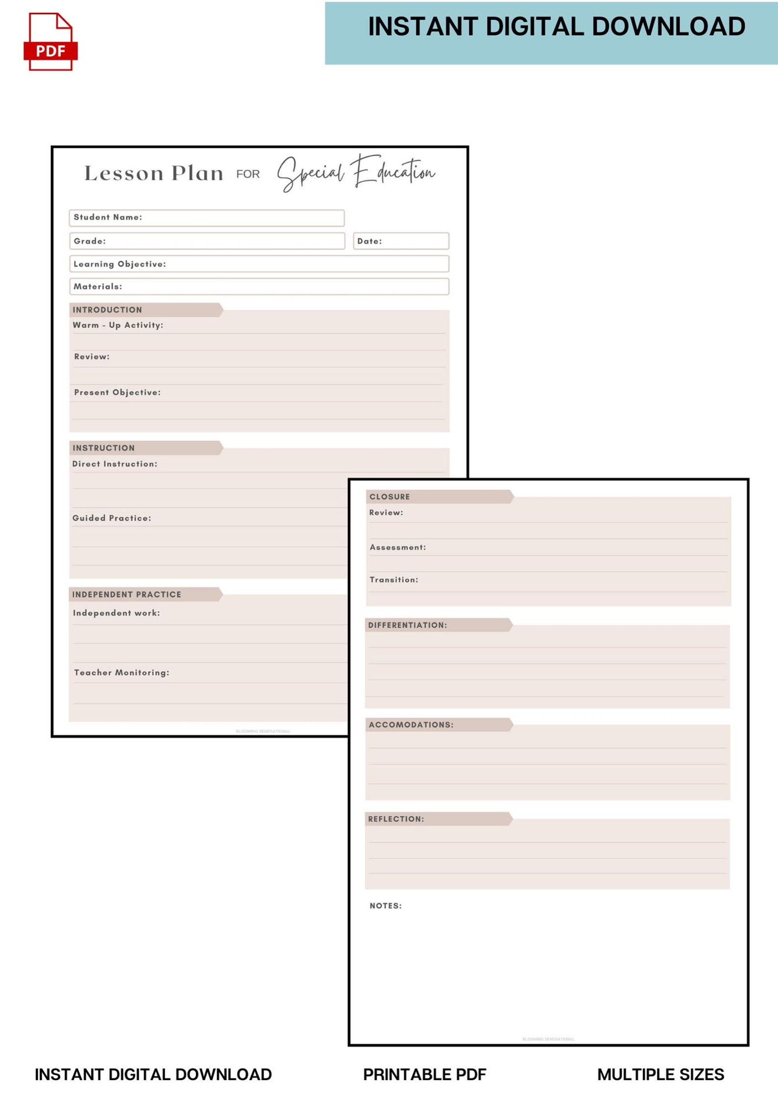 Special Education Lesson Plan Template - Etsy