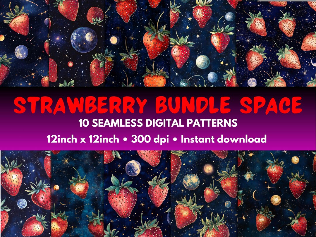Strawberry Space Berries Seamless Pattern Digital Papers Pack, Fruit ...