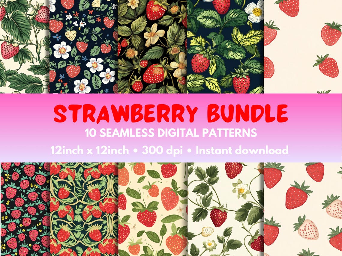 Strawberry Seamless Pattern Digital Papers Pack, Fruit Pattern, Digital ...