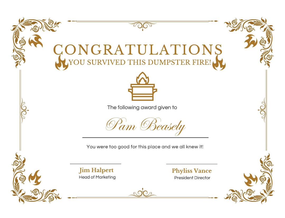 EDITABLE Certificate: Elegant You Survived This Dumpster Fire ...
