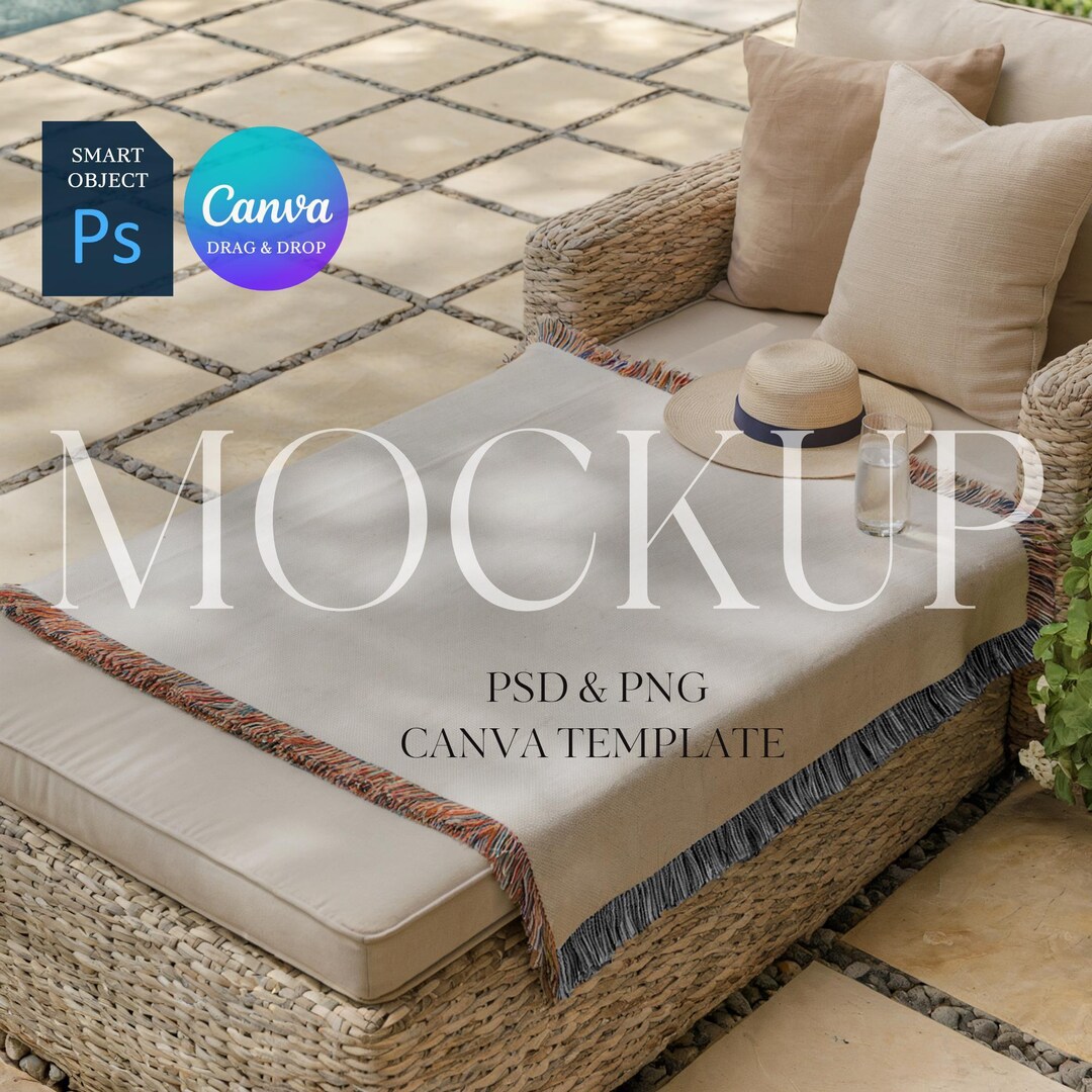 Woven Blanket Mockup With Black and White Fringe, Print on Demand Woven ...