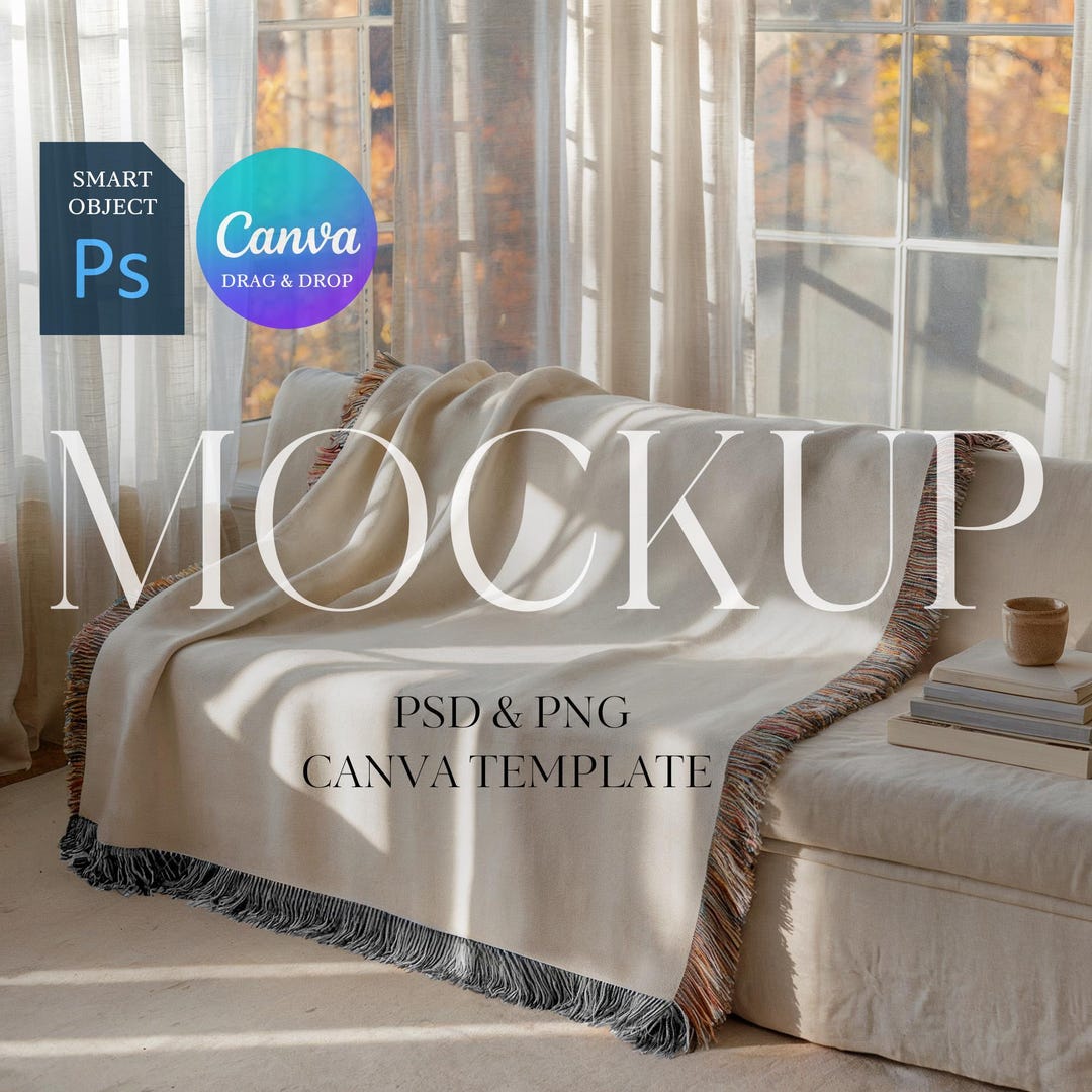 Woven Blanket Mockup With Black and White Fringe Fall Blanket Mockup ...