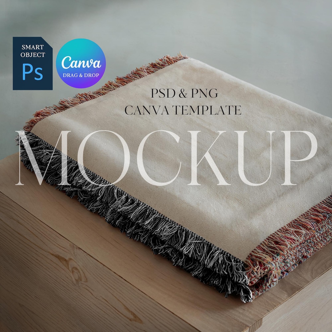 Woven Blanket Mockup With Black and White Fringe, Print on Demand Woven ...
