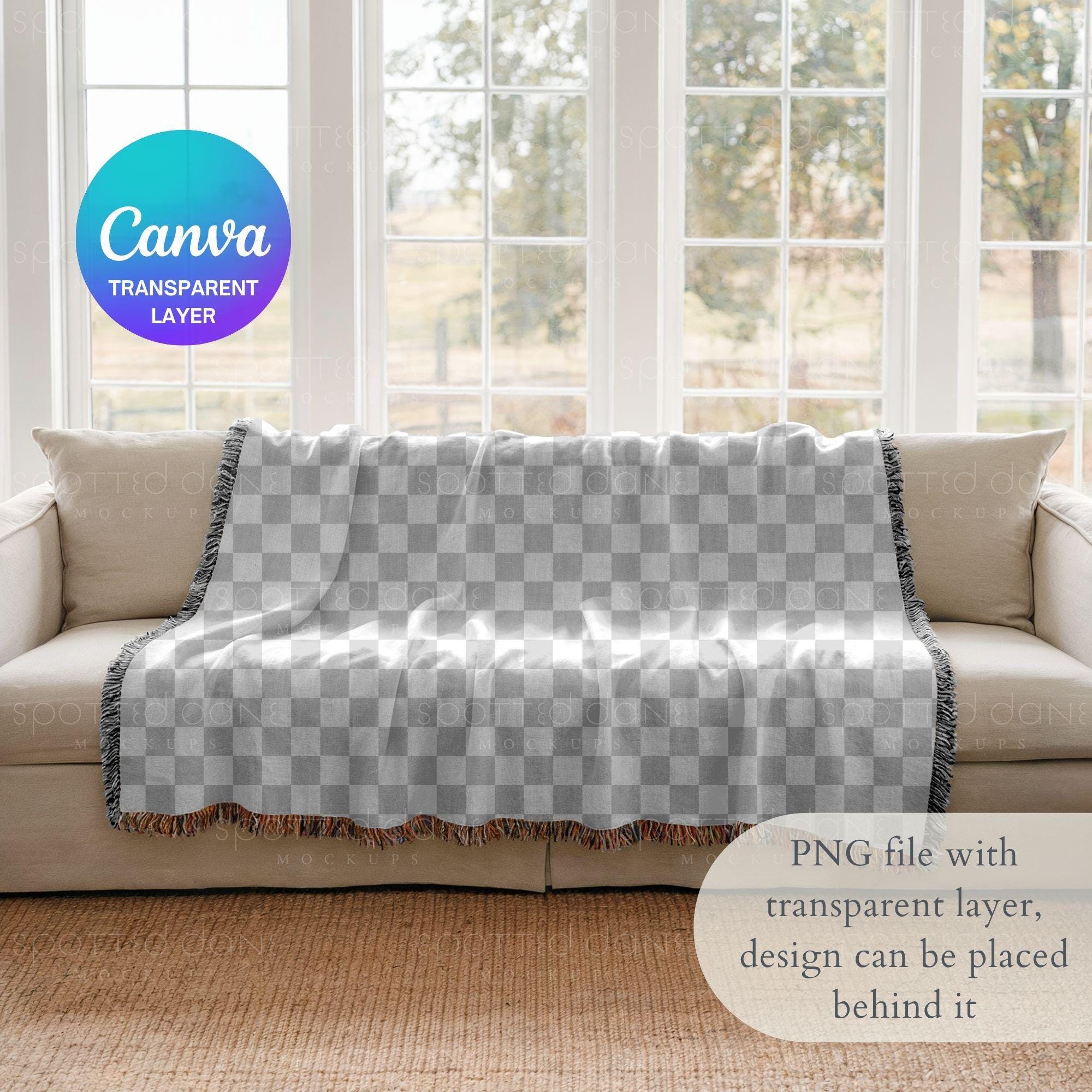 Woven Blanket Mockup With Black and White Fringe, Print on Demand Woven ...