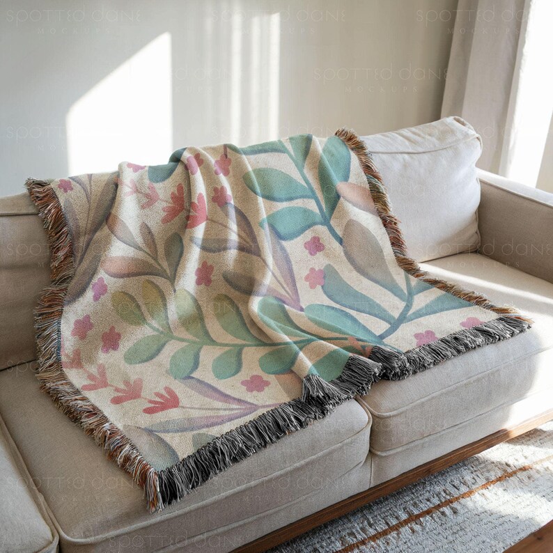 Woven Blanket Mockup With Black and White Fringe, Print on Demand Woven ...