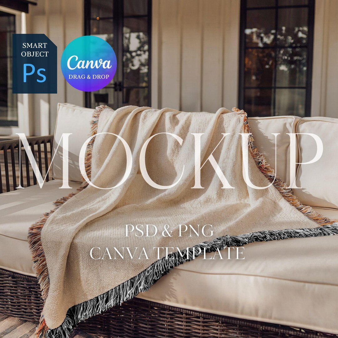 Woven Blanket Mockup With Black and White Fringe, Print on Demand Woven ...