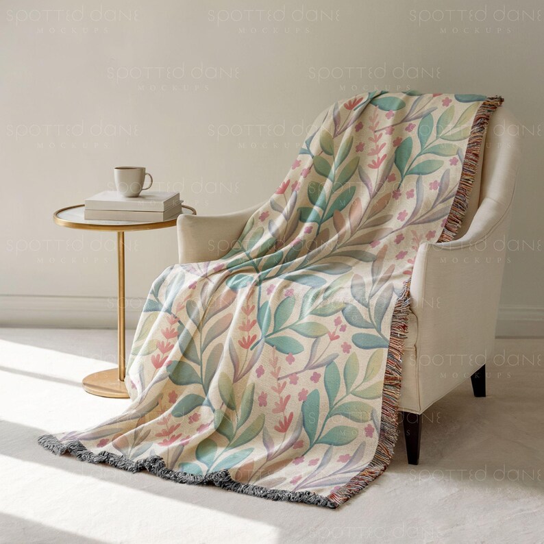 Woven Blanket Mockup With Black and White Fringe, Print on Demand Woven ...