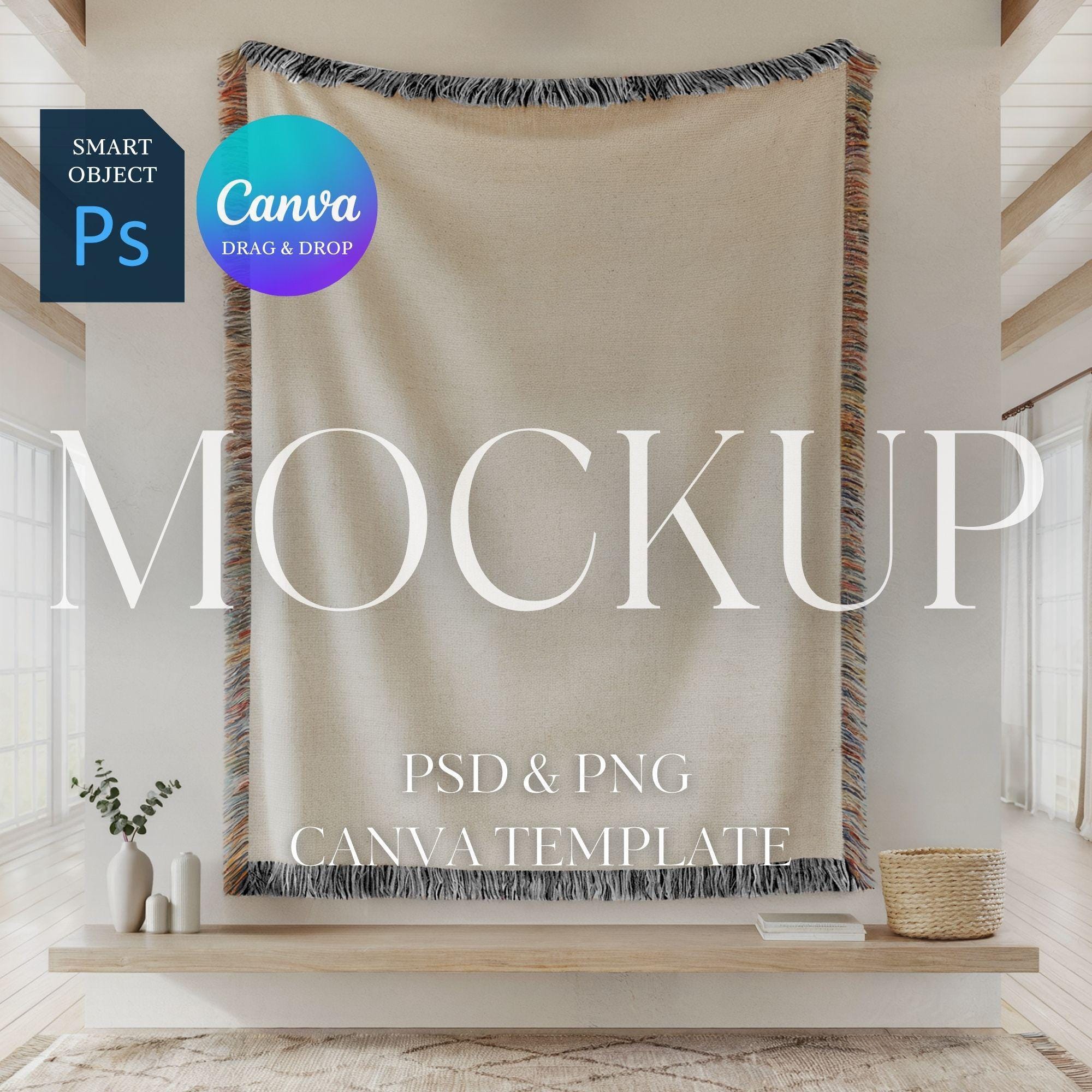 Woven Blanket Mockup With Black and White Fringe, Print on Demand Woven ...