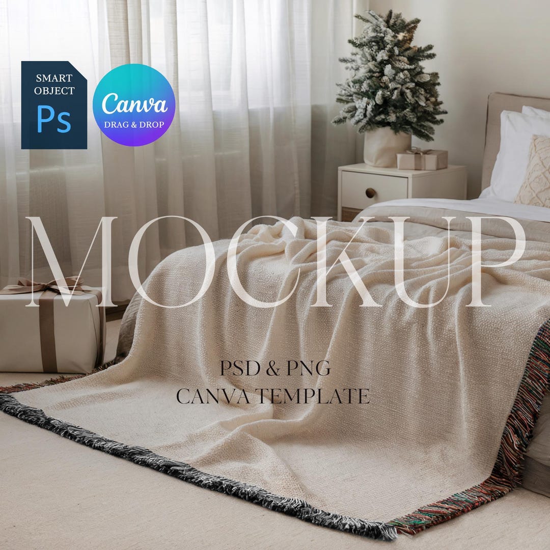 Christmas Woven Blanket Mockup With Black and White Fringe, Print on ...